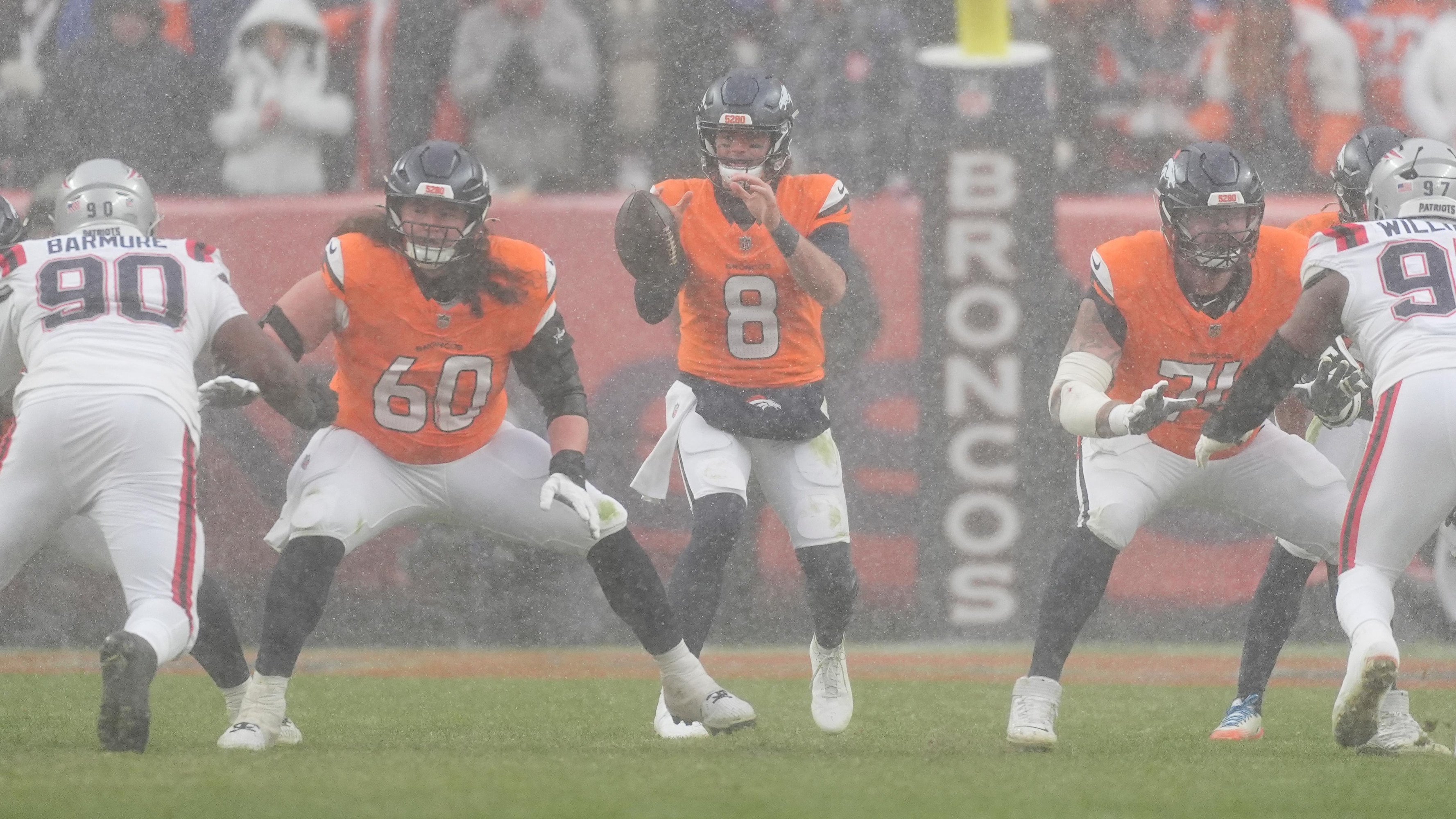 See Snow Videos, Photos for Drake Maye, Patriots vs. Broncos AFC ...